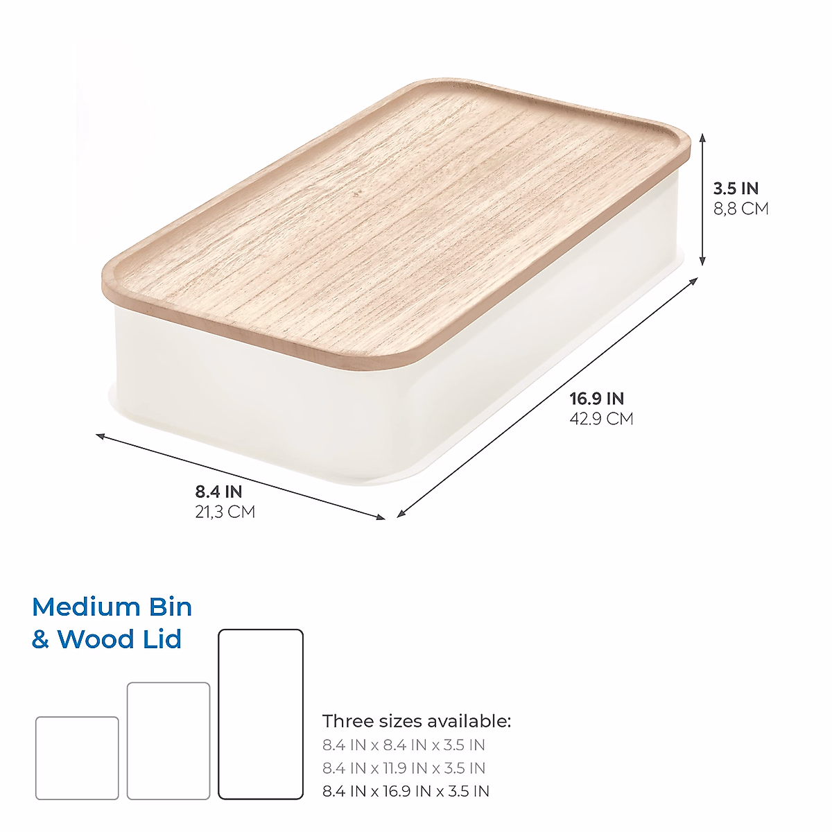 iDesign Recycled Plastic Medium Storage Bin with Paulownia Wood Lid, 8.4" x 16.9" x 3", Coconut