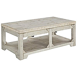 Signature Design by Ashley Fregine Farmhouse Rectangular Lift Top Coffee Table with Floor Shelf, Whitewash with Weathered Finish
