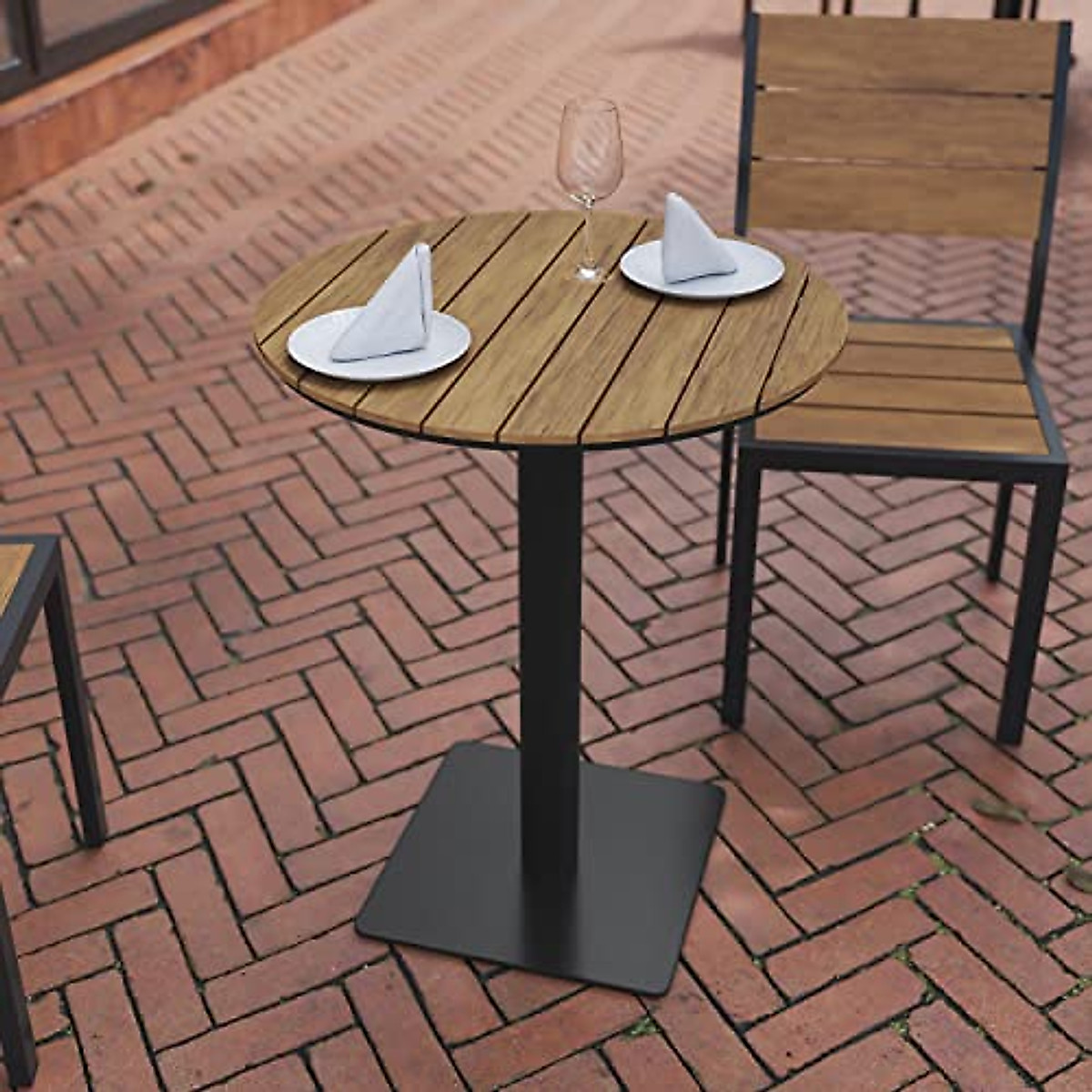 Flash Furniture Finch Commercial Grade Round 24" Table with Faux Teak Poly Slats and Steel Frame, Natural/Gray