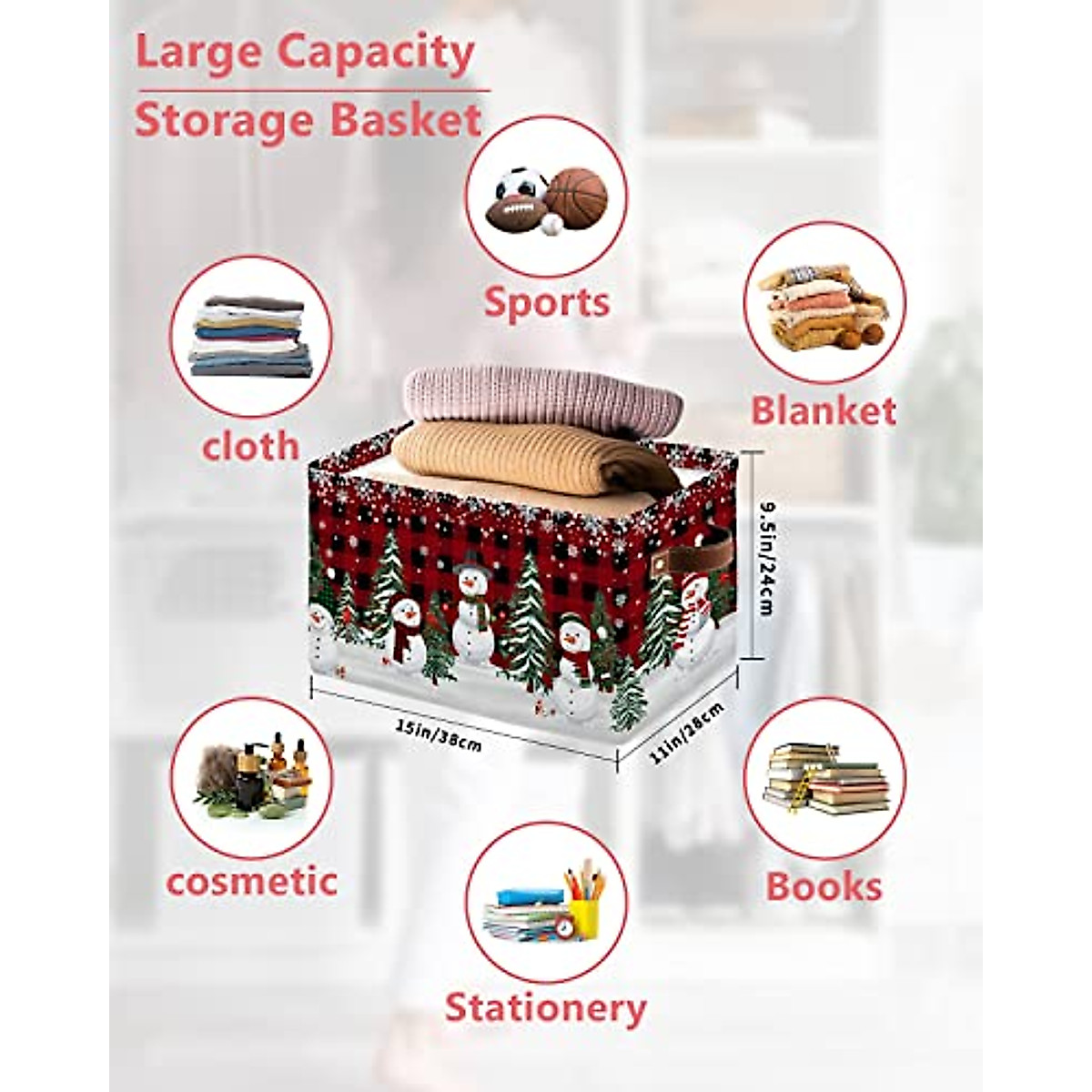 Storage Bins Large Storage Basket,Christmas Snowman and Tree in Snow Collapsible Storage Bins with Handle,Red and Black Buffalo Plaid Storage Baskets Cube Organizer for Shelves Closet Nursery 1PCS