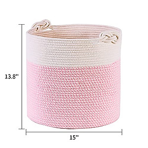 Pink Storage Basket, Woven Cotton Rope Basket 15" x 15" x 13.8" Laundry Hamper Blanket Basket with Handle for Baby Girl Toy Cloth Organizing