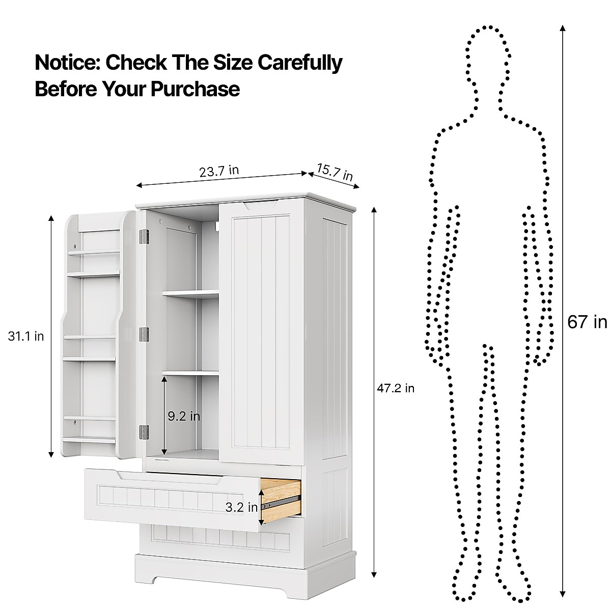 Gizoon 47" Kitchen Pantry Storage Cabinet with Drawers Freestanding Bathroom Storage Cabinets with Doors and Shelves, Small Food Pantry Cabinet for Dining Room Craft Room, White