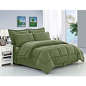 Elegant Comfort® Wrinkle Resistant - Silky Soft Dobby Stripe Bed-in-a-Bag 8-Piece Comforter Set -HypoAllergenic - Full/Queen, Sage