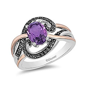 Jewelili Enchanted Disney Fine Jewelry Sterling Silver with Rose Gold Plating, Black Rhodium 1/5 Cttw Diamond and Amethyst Ursula Ring, Size 9