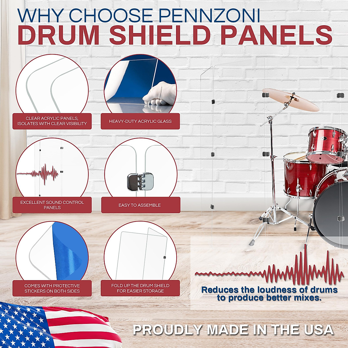 PENNZONI Drum Shield 6ft w/Chrome Hinges, Comes w/ 6 Drum Panels, & Chrome Hinges, Premium Clear Acrylic Panels, Drum Screen