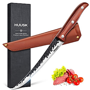 Huusk Brisket Trimming Knife,Fillet Knife for Meat,Curved Boning Knives 7 Inch, Hand Forged Meat Trimming Knife,Japanese Boning Knife Meat Butcher Knife for Fish Chincken Gift for Dad