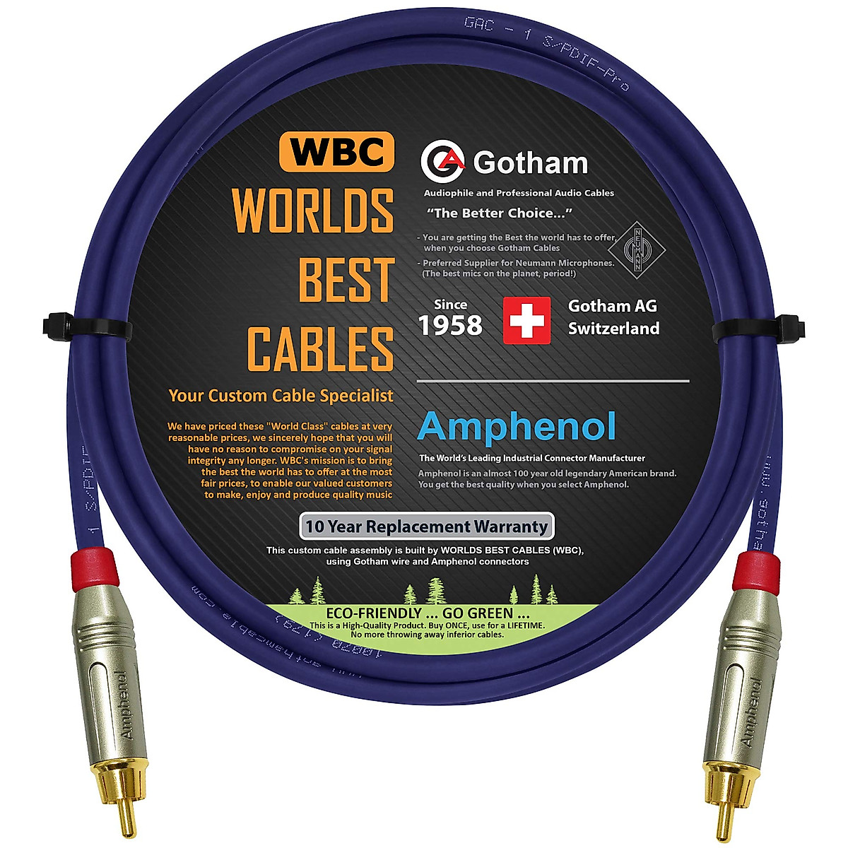 WORLDS BEST CABLES 2.5 Foot SPDIF Cable – Gotham GAC-1 S/PDIF-Pro (Ultrablue) High-End Silver Plated LCOFC Digital Audio Interconnect Cable & Amphenol ACPR-SRD Gold RCA Plugs - CUSTOM MADE