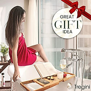 Premium Bath Caddy - Extendable Bamboo Wood Bathtub Tray with Adjustable Reading Rack for Book, iPad or Kindle - Tablet Slot or Cellphone - Wine Glass Holder