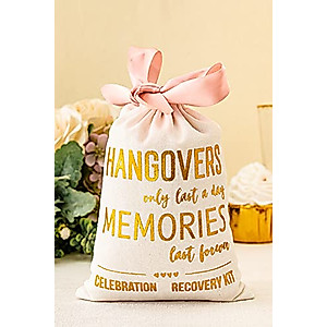 Bridal Shower Party Gift Bags, 5x7 Inch GOLD Foil"HANGOVERS",Bachelorette Hangover Kit Bags 10 Pcs Cotton Recovery Kit Bags Muslin Drawstring Bag for Bridal Shower Wedding Party Gift Decoration