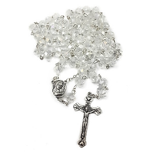 Nazareth Store White Clear Crystal Beads Rosary Prayer Beaded Necklace with Holy Soil Medal and Jesus Cross Communion Rosary