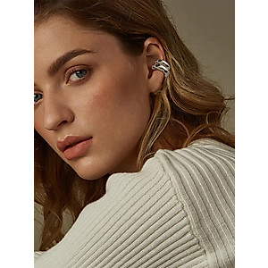 Silver Ear Cuff Earrings for Women Gifts Trendy Stuff Chunky Ear Cuffs Non Piercing Clip On Huggie Hoop Earrings Cartilage Helix Earring Set Jewelry Gifts