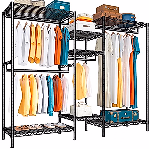 Raybee Clothes Rack Heavy Duty Clothing Racks for Hanging Clothes 720 LBS Metal Clothing Rack with Shelves Adjustable Clothes Racks for Hanging Clothes Large Garment Rack Black 71" W x 14" D x 77" H