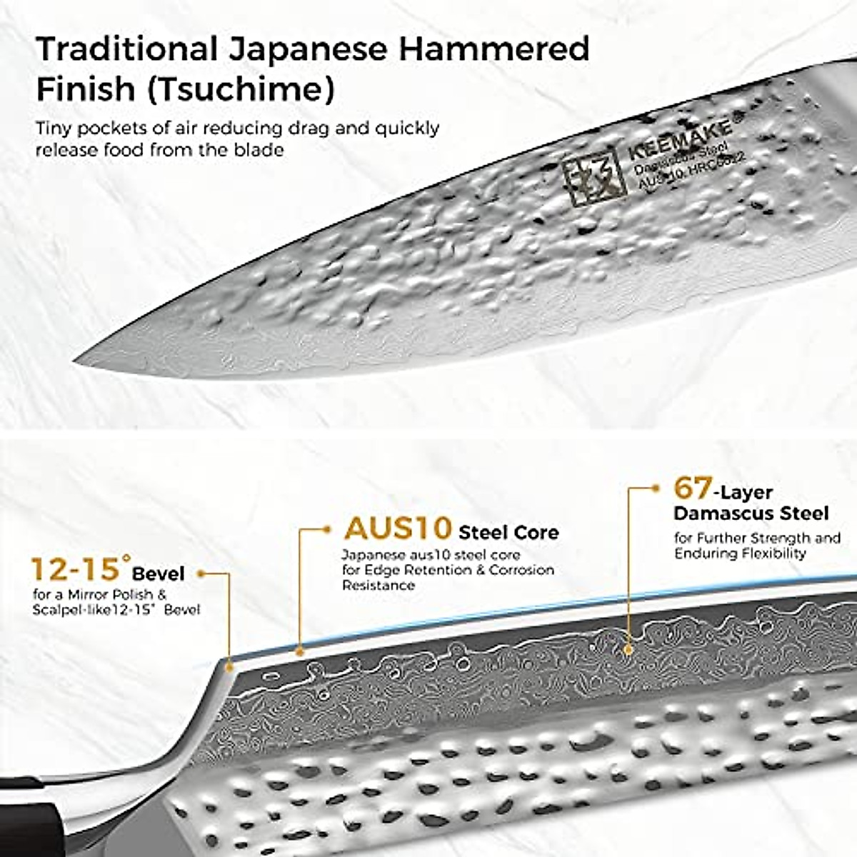 KEEMMAKE Damascus Chef's Knife, 6.5 Inch Gyutou with Hammered AUS-10 Blade, Professional Kitchen Knife with G10 Handle