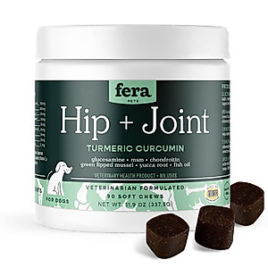 Fera Pets Hip + Joint Dog Supplement, Joint Support for Dogs with Glucosamine Chondroitin and MSM, Joint Care and Health Support Chewy Dog Treats, 90 Soft Chews
