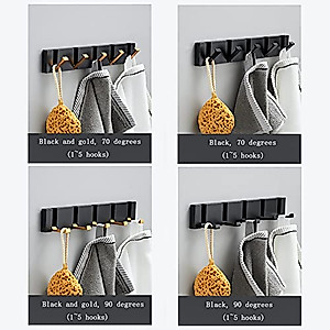 Spotact Wall Mounted Coat Rack Black Gold Metal 70 Degree Towel Hanger Hanging Clothes with 5 Hooks for Entryway Bathroom Bedroom Kitchen (T1 5 Hooks, Black Gold)