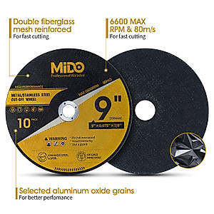 MIDO Professional Abrasive 10 Pack Cut Off Wheels 9 Inch Cutting Wheel 9” x .075” x 7/8” Metal&Stainless Steel Cutting Disc Fit for Angle Grinder