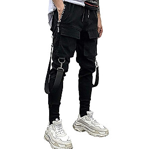 MOKEWEN Men's Multi Pocket Street Punk Hip Hop Casual Cargo Trousers Joggers Dancing Harem Pant 31-32