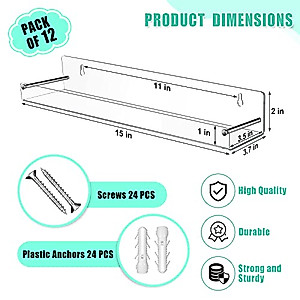 12 Pieces Clear Acrylic Shelf 15 Inch Acrylic Floating Shelves Invisible Ledge Wall Bookshelf for Kids Wall Mounted 3 mm Thick Bathroom Shelves for Office Bedroom Bathroom Kitchen