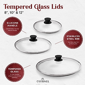 Cuisinel 8"+10"+12"-Inch Cast Iron Skillets Set with Glass Lids + Silicone Handle Holder Covers + Pan Scraper - Pre-Seasoned Oven Cookware - Use Indoor/Outdoor, Grill, Stovetop, Camping Fire, Oven