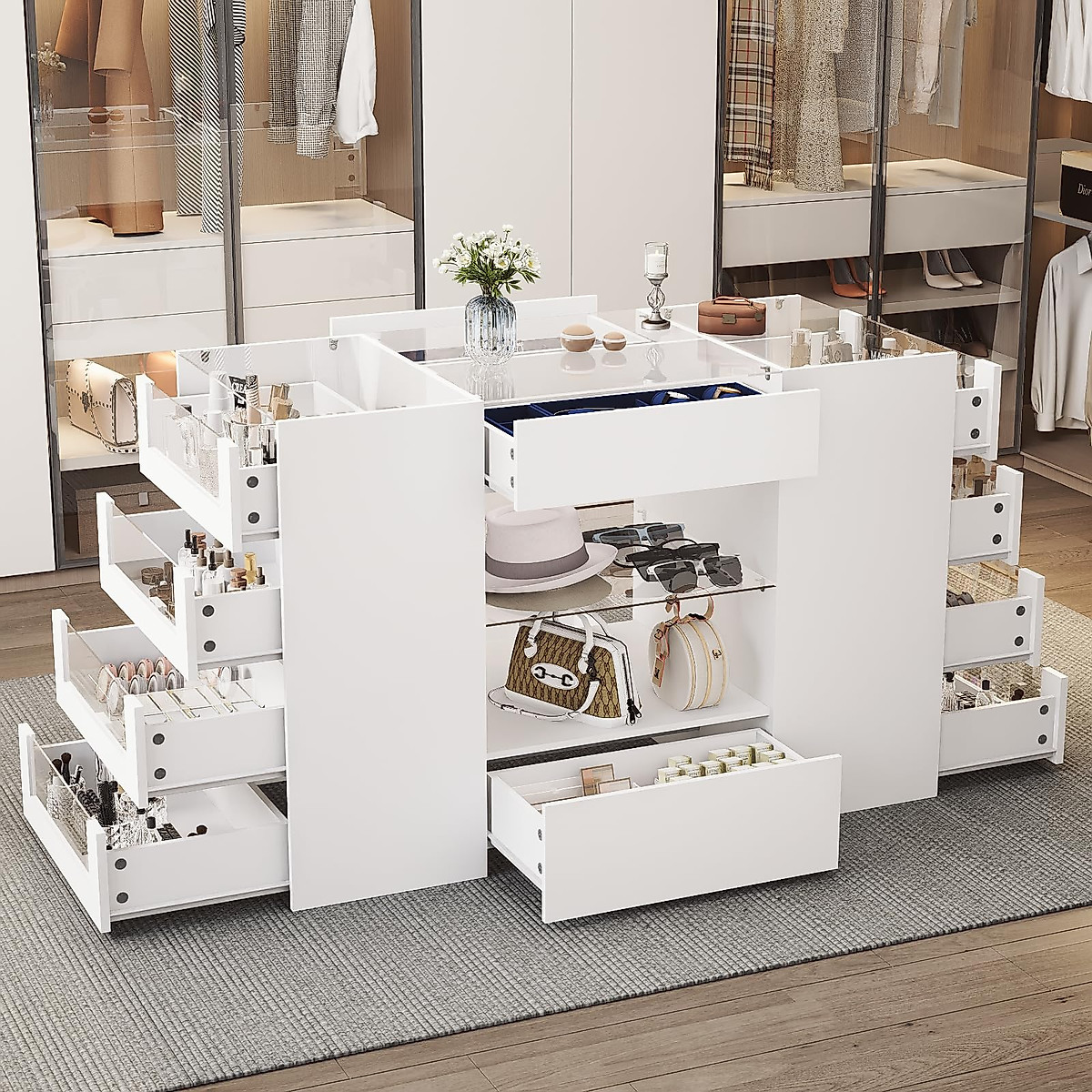LIVAUVEAD Closet Island with Drawers, Wardrobe Armoire Bedroom Island, Glass Display Shelf & 12 Drawers, White Dresser with Glass Top, Walk-in Closet Island for Bedroom, Cloakroom