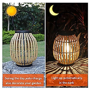 Outdoor Solar Lantern Lights Hanging Large Rattan Garden Lantern Waterproof- Rustic Table Lamp with Edison Bulb Women Gift Decoration for Garden Patio Boho Wedding
