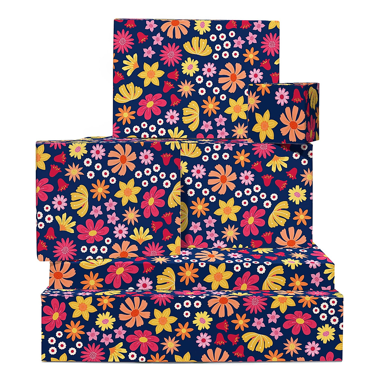 CENTRAL 23 Floral Wrapping Paper - Boho Wrapping Paper - 6 Sheets Blue Gift Wrap - Midnight Flowers - Hippie - Birthday Wrapping Paper For Women - Comes With Cute Stickers