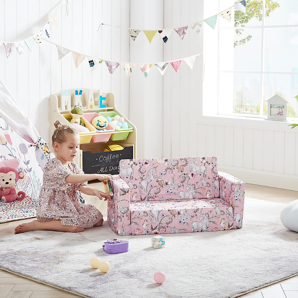 Ulax furniture Kids Convertible Sofas Children Flip-Out Sofa - 2-in-1 to Lounge Chair (Pink Unicorn)