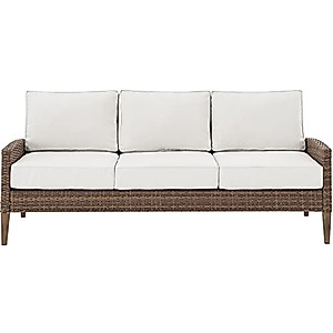 Crosley Furniture Capella Wicker Outdoor Sofa, 3-Person Patio Couch for Porch, Deck, Backyard, Brown with Creme Cushions