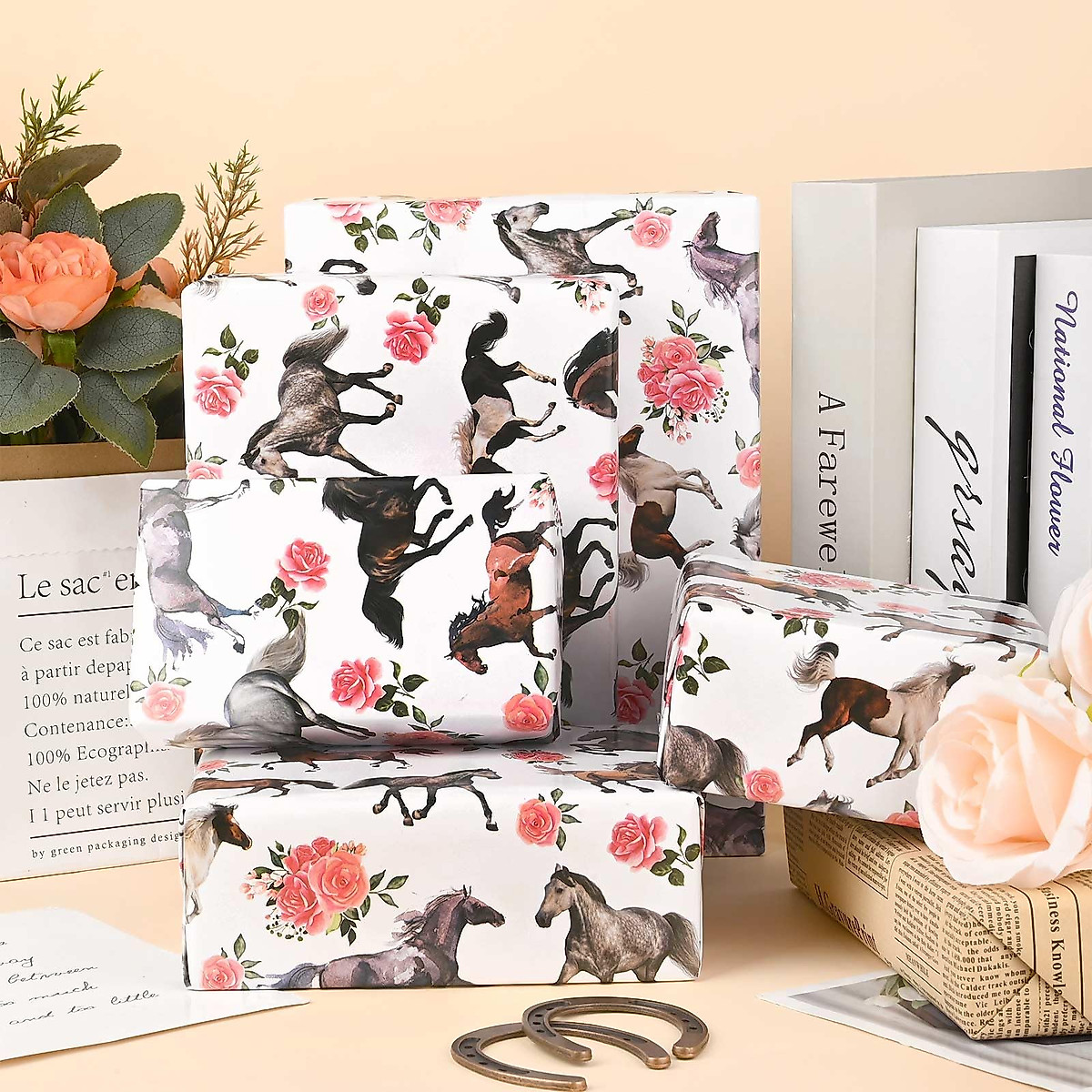 12 Sheets Horse Floral Wrapping Paper Run for The Roses Themed Gift Wrap Paper for Kentucky Derby Party Horse Racing Birthday Party DIY Craft, 19.7 × 27.6 Inch
