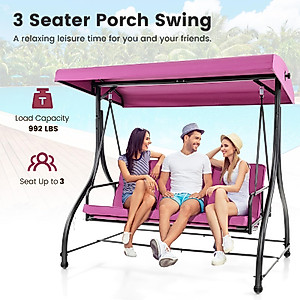 Tangkula 3 Person Porch Swing, 2-in-1 Convertible Patio Swing Bed with Removable Cushions, Solid Steel Structure, Outdoor Swing with Adjustable Canopy for Backyard, Balcony, Poolside (Wine)