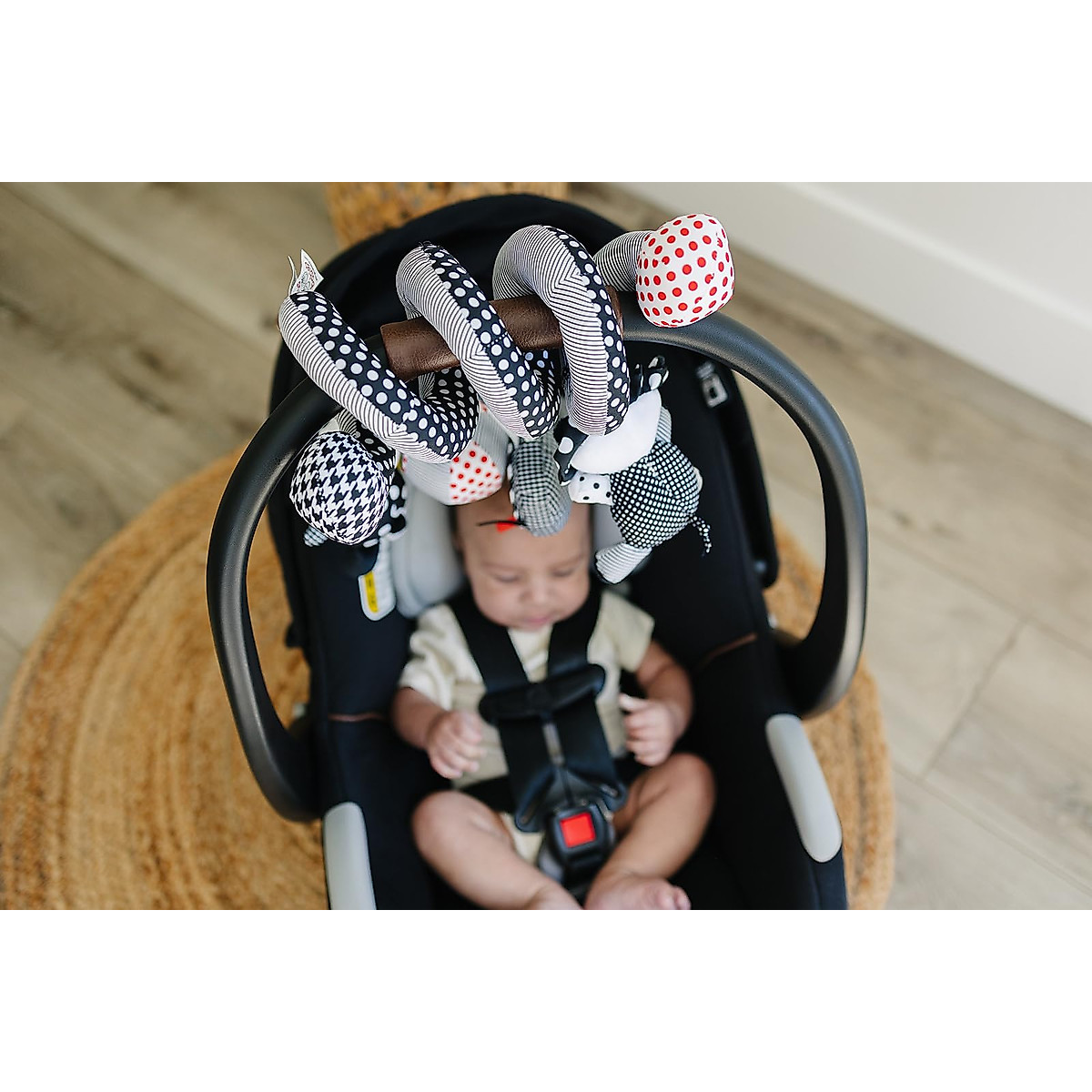 Genius Baby Toys Car Seat Toys for Infants - High Contrast Colors That Baby Sees Best - Easy to Attach - Car Seat Toy to Entertain Baby During Car Rides - Includes 4 Removable Toys on Spiral