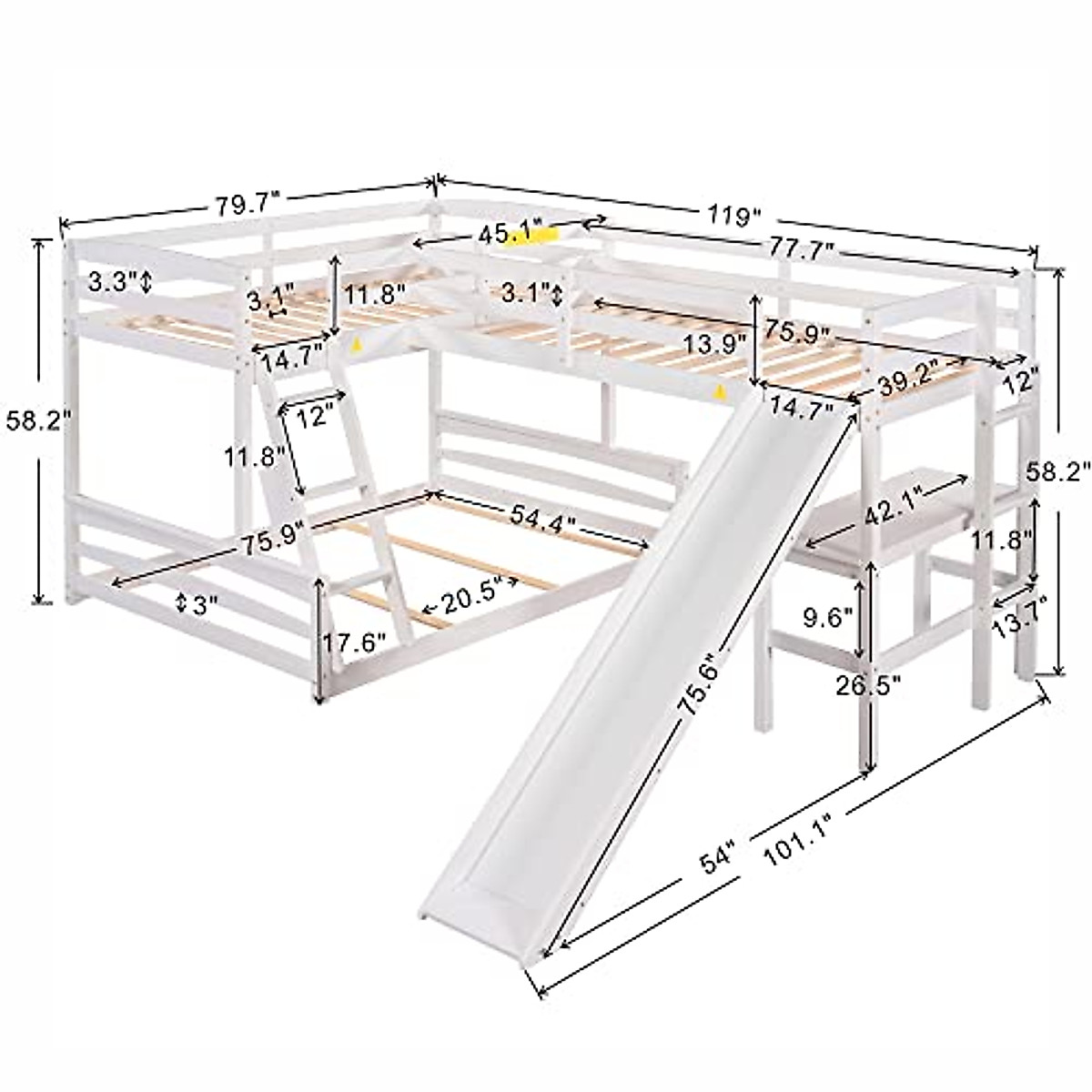 GINGVAT L Shaped Bunk Beds for 3, Wooden Triple Bunk Bed with Slide and Desk, Twin Over Full Bunk Bed & Twin Size Loft Bed with Desk for Kids Teens,No Spring Box Needed,White