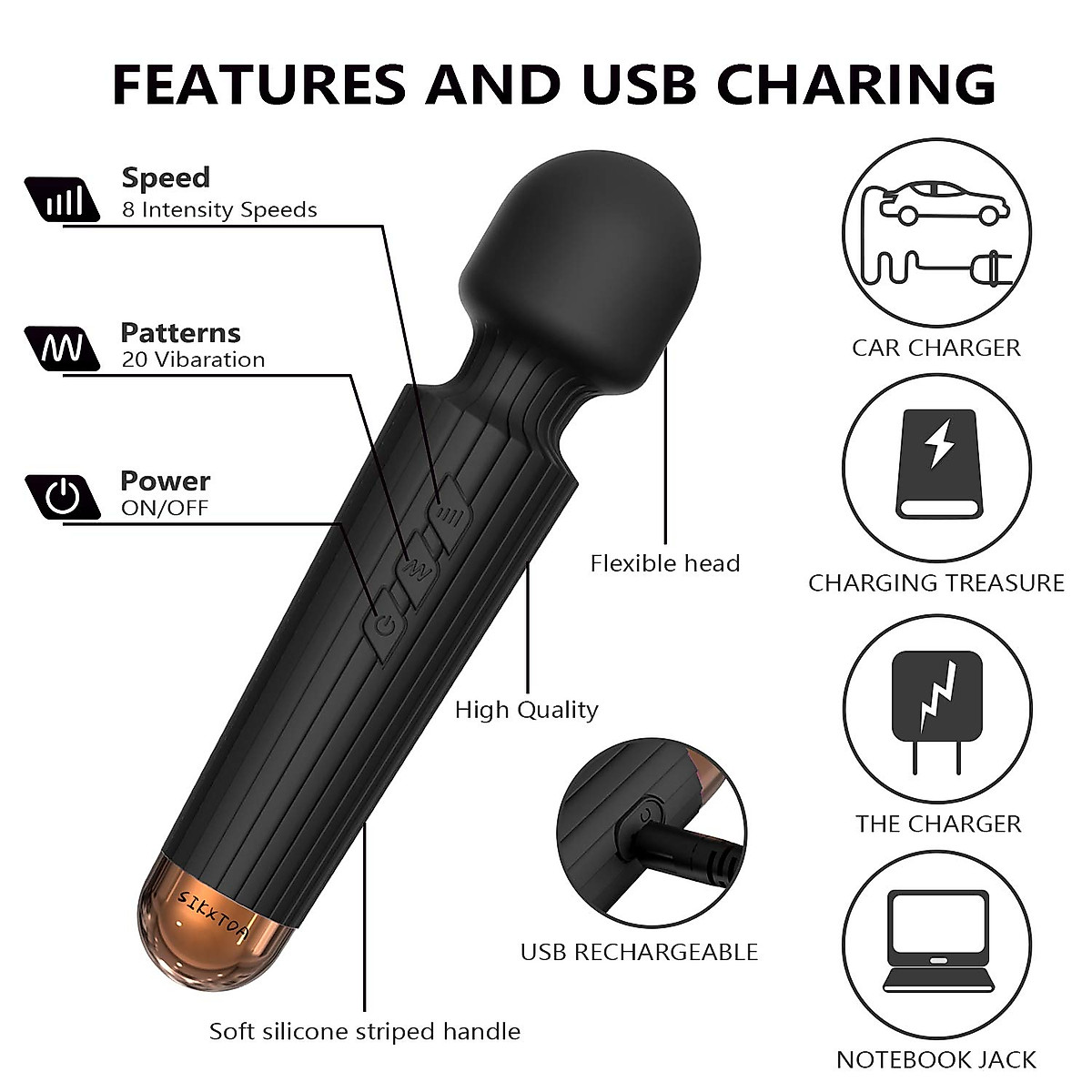 SIKXTOA Mini Vibrator, 8 Speeds 20 Patterns-G-Spot Cordless Wand Massager, Clitoral Stimulator, Dildo, Sex Toys, Rechargeable Handheld Powerful Silent Waterproof Female Adult Toys (Stripe Black)