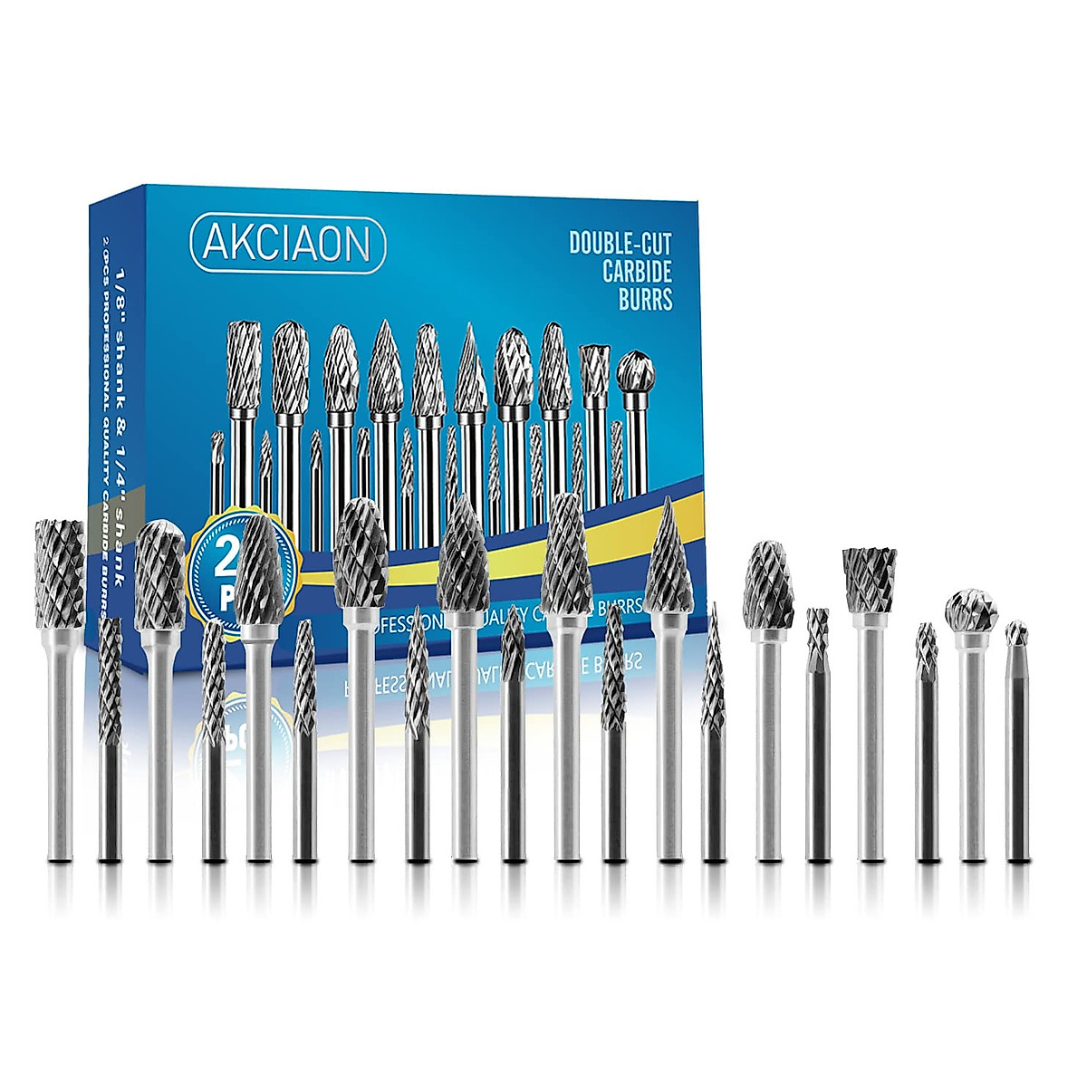 AKCIAON Carbide Burr Set 20PC Rotary Grinder Burr Bits,1/8" Shank Die Grinder Bits,Professional Tungsten Double Cutting Burrs Compatible with Dremel Carbide Bits for Metal Carving Grinding Engraving…