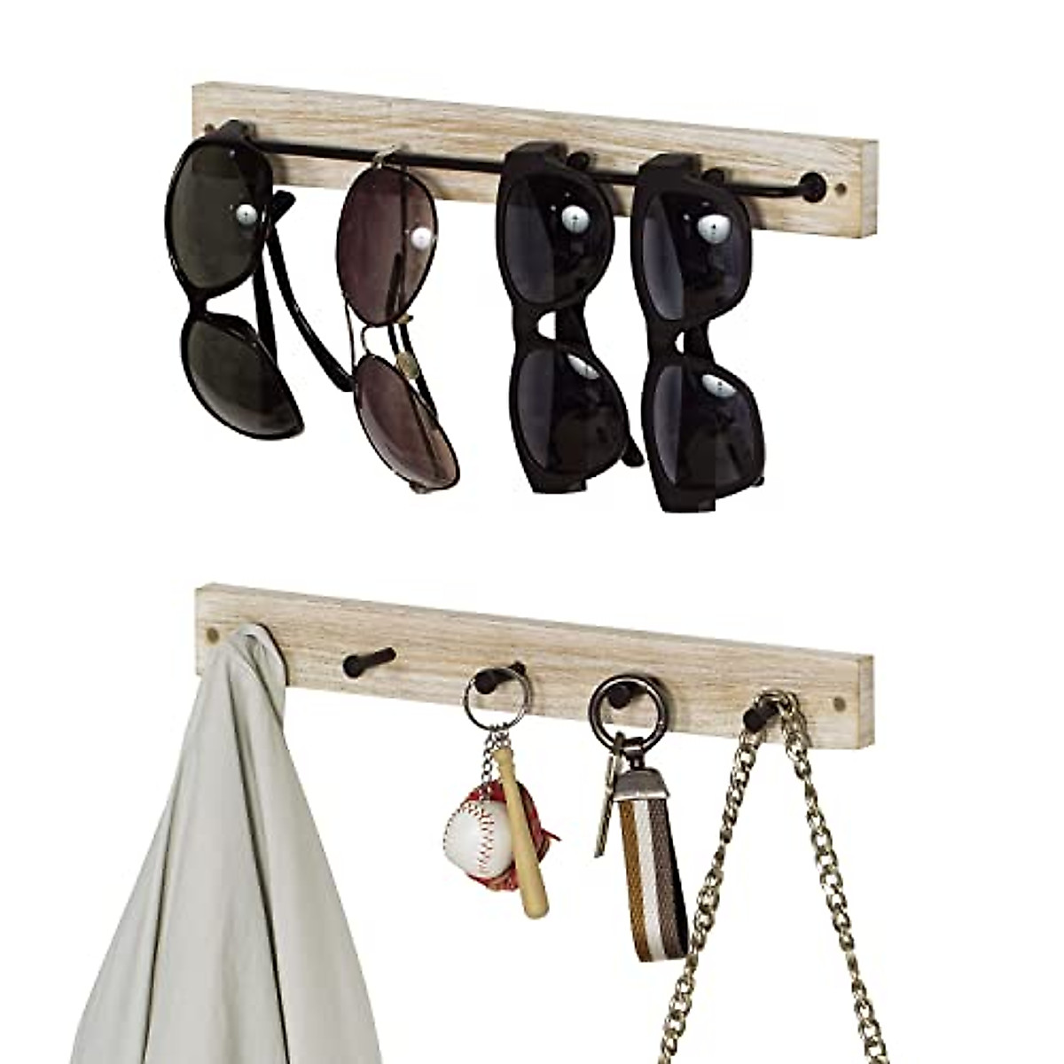 MyGift 2 Piece Set Wall Mounted Wood Sunglasses Organizer Rack and Coat Hook Wall Rack in Whitewashed Finish with Metal Hardware, Entryway Eyeglass Hanger Rail and Key Hooks