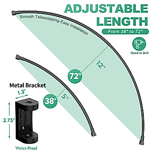 PrettyHome Adjustable Arched Curved Shower Curtain Rod Rustproof Expandable Aluminum Metal Shower Rod 38-72 Inches Telescoping Design Exquisite Customizable for Bathroom,Need To Drill,Black