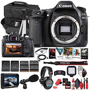 Canon EOS 80D DSLR Camera (Body Only) (1263C004) + 4K Monitor + Pro Headphones + Pro Mic + 2 x 64GB Memory Card + Case + Corel Photo Software + Pro Tripod + 3 x LPE6 Battery + More (Renewed)