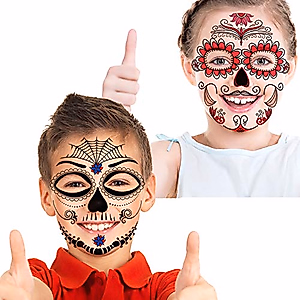 Halloween Temporary Face Tattoos (8Pack), Konsait Day of the Dead Sugar Skull Floral Black Skeleton Web Red Roses Full Face Mask Tattoo for Women Men Adult Kids Boys Halloween Party Favor Supplies