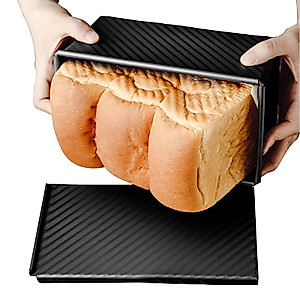 Black Pullman Loaf Pan with Lid, 1 lb Dough Capacity, Nonstick Bread Toast Mold with Cover, Carbon Steel Corrugated Bread Mould Bakeware