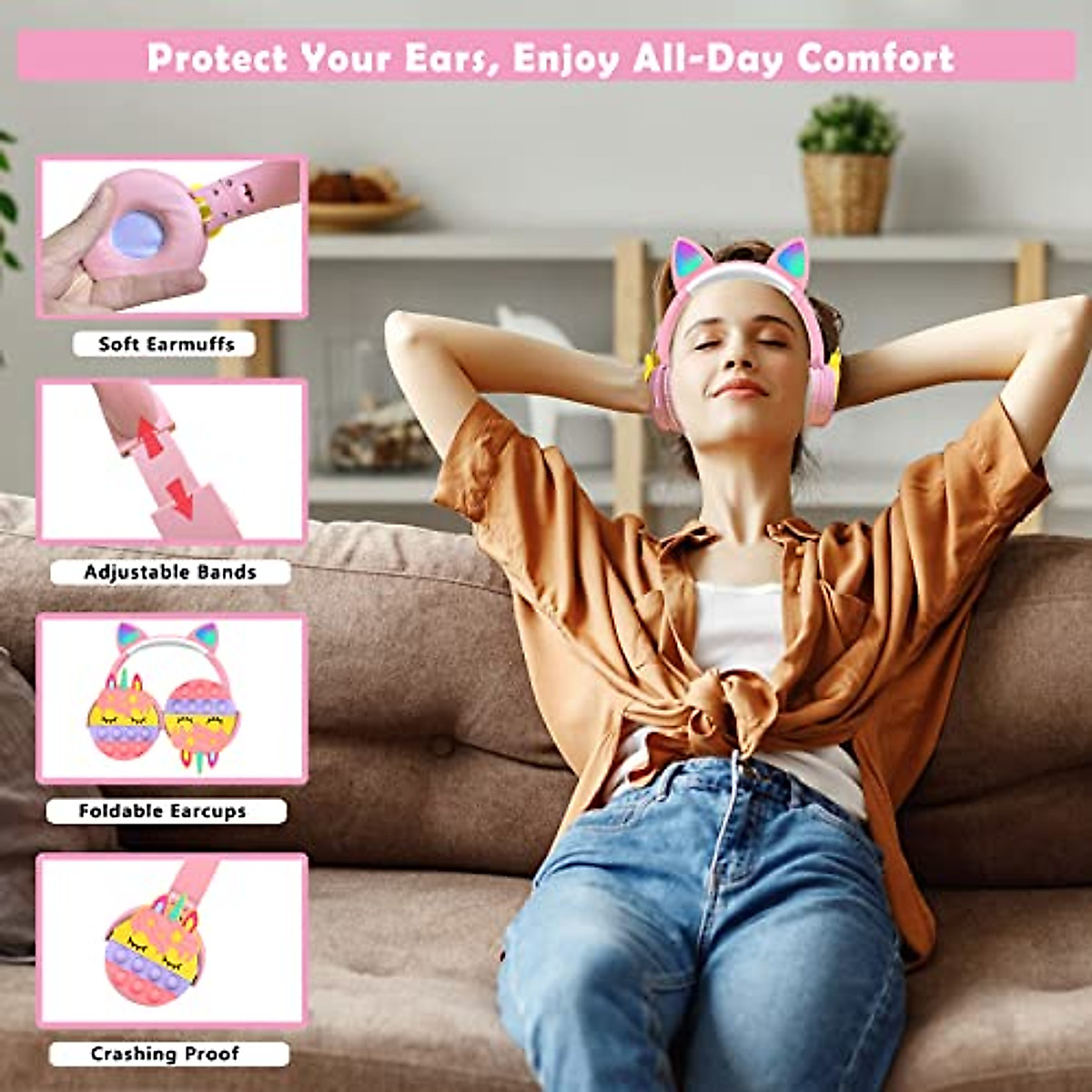 Astro Alan Kids Headphones, Unicorn Pop Bluetooth Wireless for Headphones Over Ear, Fidget Bubbles Cat Ear School Built-in Mic Foldable Girls Boys Women Tablet/iPad/Phone/PC(Pink) (02)