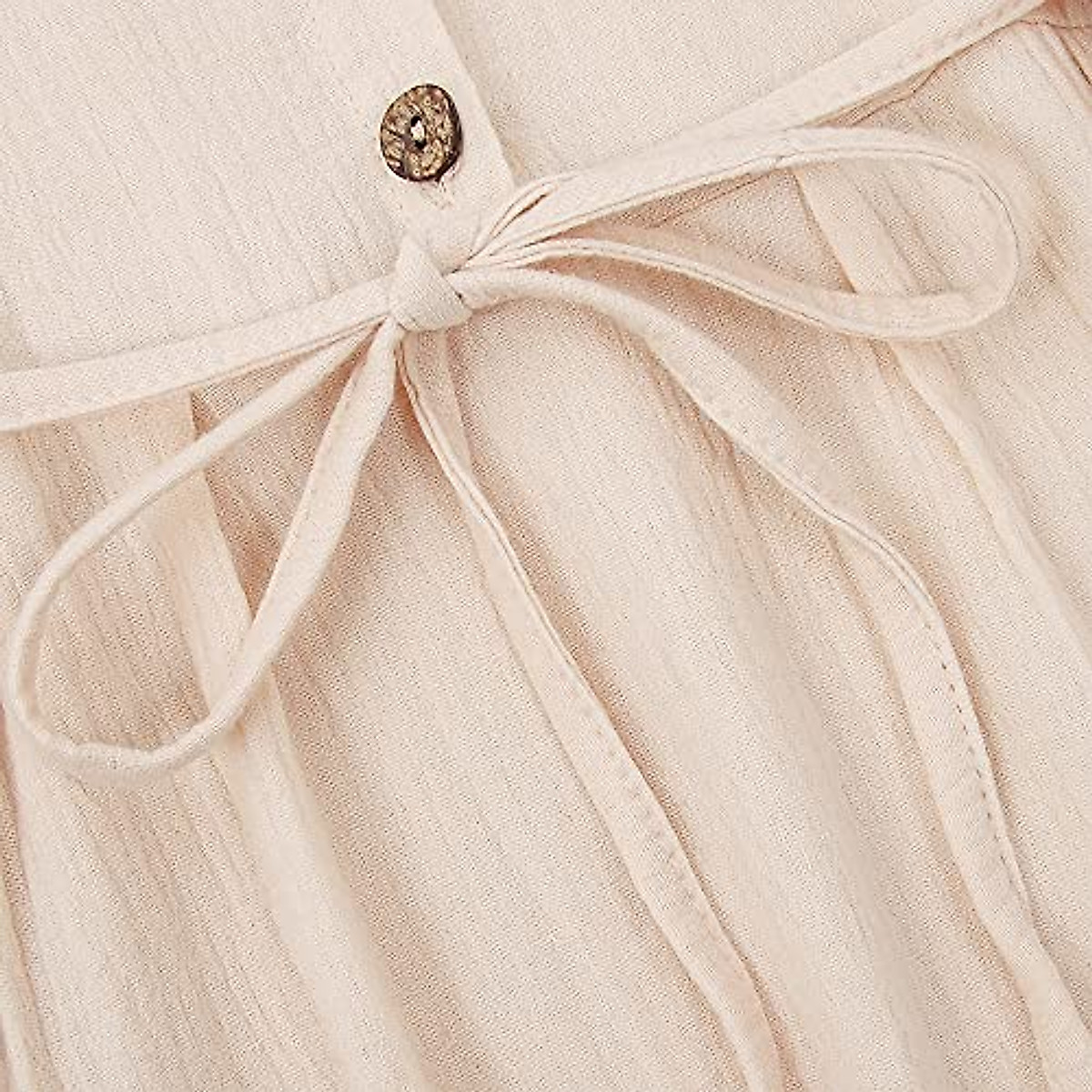 IZYJOY Toddler Baby Girl Cotton Linen Dress Long Sleeve Crew Neck Dresses Button Down Adjustable Belt Casual Fall White Dress (Beige, 4-5T)