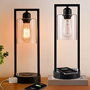 LEDIARY Set of 2 Wireless Charging Table Lamps with AC Outlet and 2 USB Ports, Fully Stepless Dimmable Bedside Lamps, Industrial Nightstand Lamp with Glass Shade for Bedroom, 2200K Bulbs Included