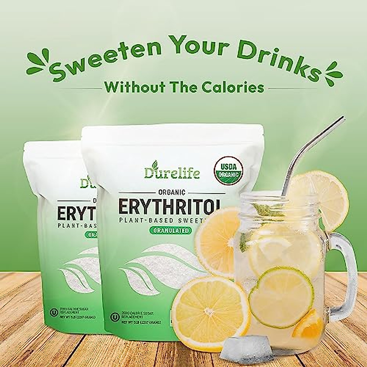 Durelife USDA organic erythritol sweetener, non gmo verified, Keto certified, No After Taste, Kosher, Zero Calorie Plant-Based Sugar Alternative (1, 5 LB (80 oz))