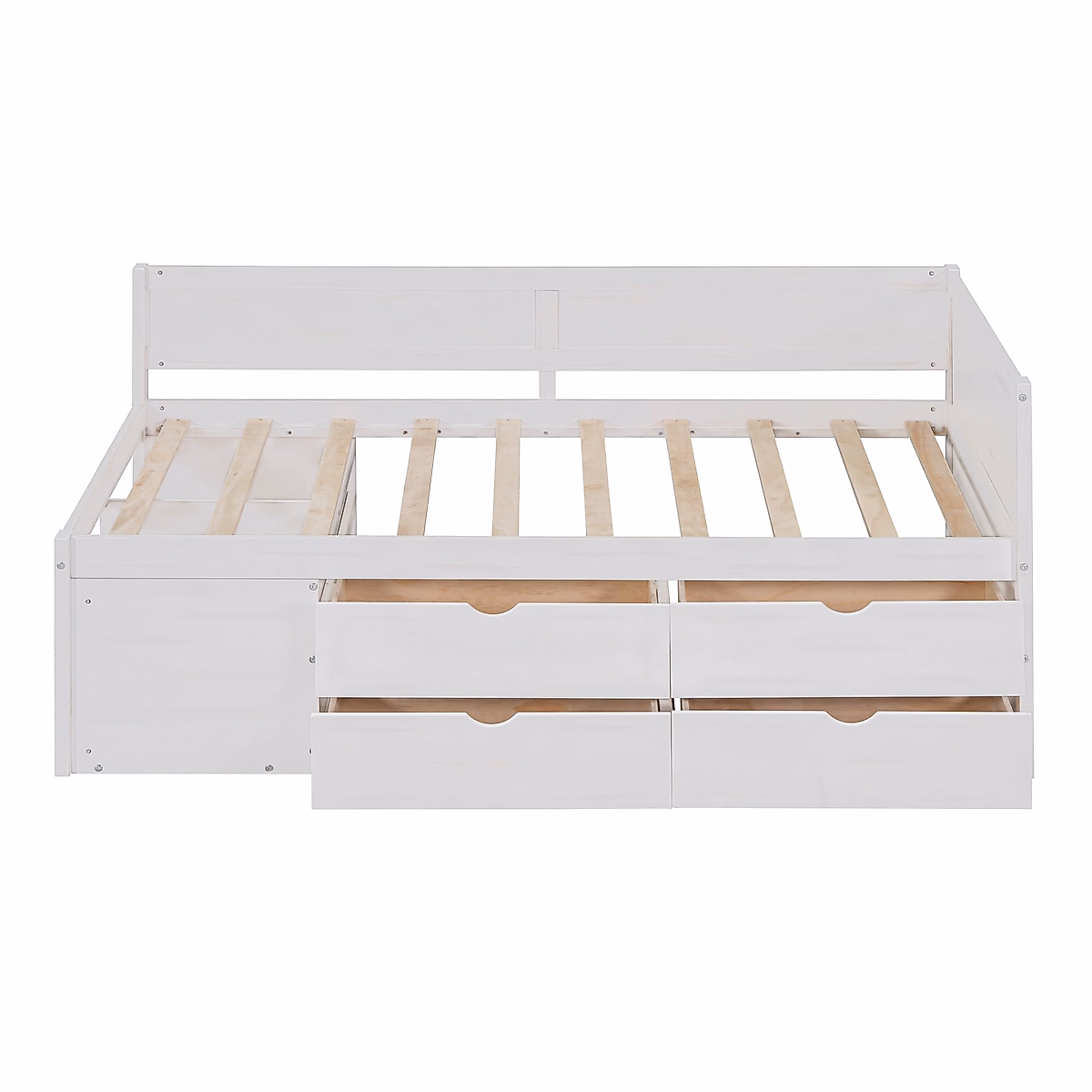 Brisca Twin Size Daybed with Four Drawers and Three Shelves,Multifunction Solid Wood Storage Bed Frame,W/Wooden Slates Support,for Kids Teens,Boys & Girls,No Box Spring Needed,White