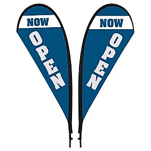 BannerBuzz Now Open Teardrop Flag, 2.5' X 5.42' | 9 Ft Long, Double Side Printed Business Advertising Flag, Graphic with Hardware Includes Aluminum Flag Pole & Ground Spike Base (Theme 2)