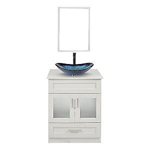Puluomis Modern Vessel and Boat Sink Tops Combol 24 Inch Bathroom Cabinet with 1.5 GPM Water Save Faucet & Solid Brass Pop Up Drain and Mirror