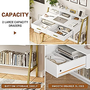 Tiptiper Computer Desk with Drawers, 41 Inches Modern Home Office Desk with Storage Shelf & Monitor Stand, Simple Style Study Writing Table Laptop PC Workstation, Metal Frame, White and Gold