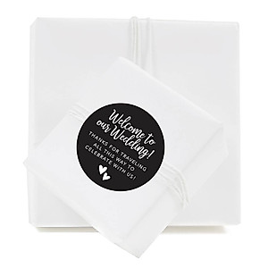 Andaz Press Out of Town Bags Round Circle Gift Labels Stickers, Welcome to Our Wedding Thanks for Traveling to Celebrate with Us, Black, 40-Pack, for Destination OOT Gable Boxes