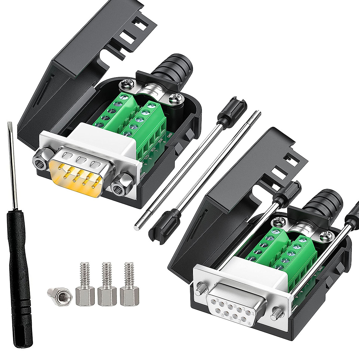 JUXINICE 2Packs DB9 Serial Adapters No Soldering Needed. D-SUB 9-pin RS232 RS485 Adapter to Terminal Connector Signal Module with Bolts Nuts and Screwdriver (1PCS Male+1PCS Female)