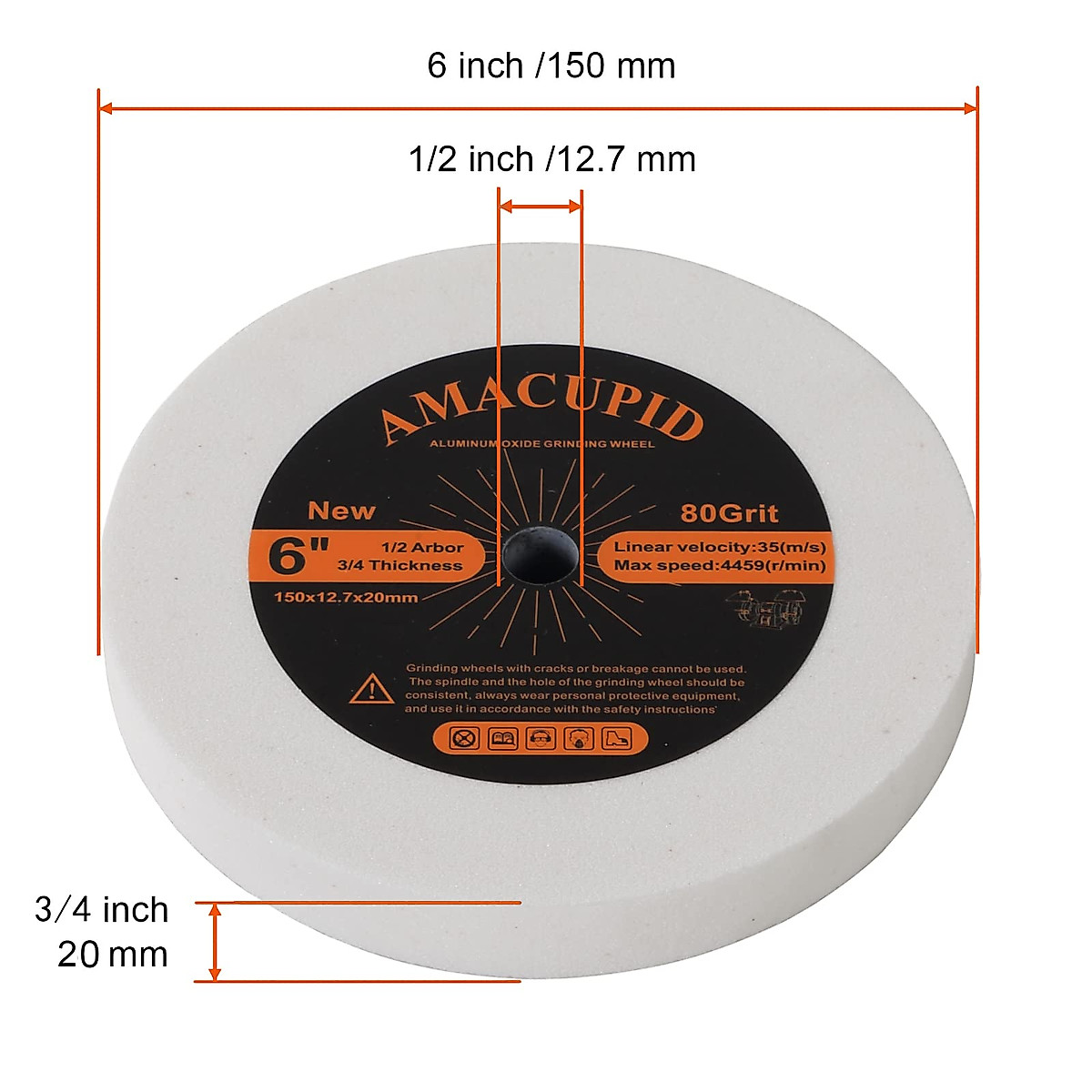 AmaCupid Bench Grinding Wheel 6 inch. for Sharpening Quenched Steel, High Carbon Steel and Other Cutting Tools. White Aluminum Oxide Abrasive. 1/2 inch Arbor, 3/4 inch Thickness, 80 Grit